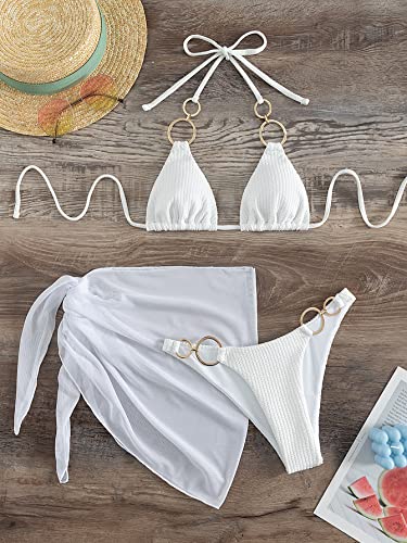 WDIRARA Women's Ring Halter Triangle Bikini Swimsuit 3 Piece Tie Back with Cover Up Bathing Suit White XXL