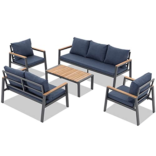 JOIVI Aluminum Patio Furniture Set, 5 Pieces Outdoor Conversation Set with Teak Wood Top Coffee Table, Sectional Sofa Set with Wood Armrest and Cushions for Outside Poolside, Lawn, Backyard, Navy Blue