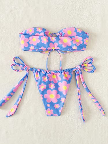 WDIRARA Women's Cutout Print Bandeau Top and Tie Side Bikini Set 2 Piece Sexy Swimsuits Blue Pink S
