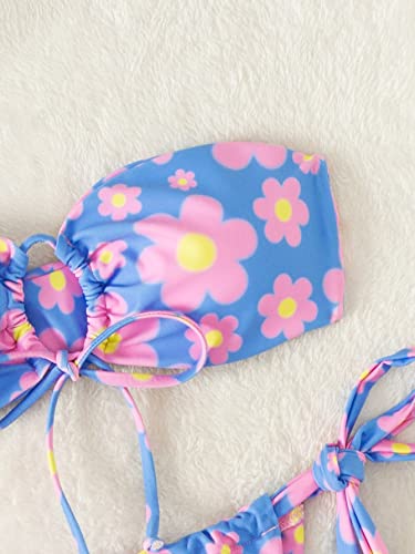 WDIRARA Women's Cutout Print Bandeau Top and Tie Side Bikini Set 2 Piece Sexy Swimsuits Blue Pink S