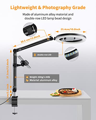 LUOLED Ring Light with Stand and Phone Holder, USB 10'' Ring Light for Desk, Overhead Camera Mount with Ring Light, Desktop Ring Light with Clamp for Photography/Makeup/Live Stream Video/YouTube
