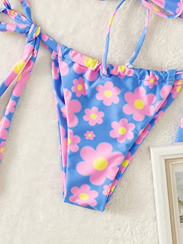 WDIRARA Women's Cutout Print Bandeau Top and Tie Side Bikini Set 2 Piece Sexy Swimsuits Blue Pink S