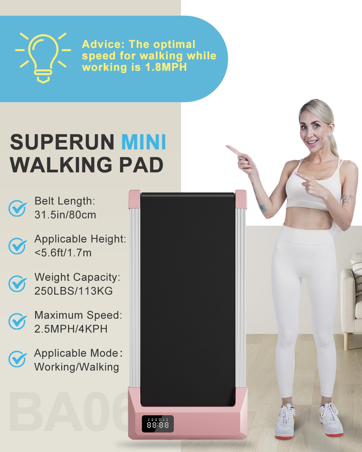 SupeRun Walking Pad, Under Desk Treadmill, 3 in 1 Portable Treadmill with Remote Control LED Display, 2.2 HP Quiet Walking Jogging Machine for Office Home Use, 250 Lbs Capacity