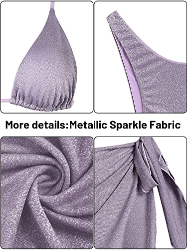 ZAFUL Sexy 3 Piece Bikini Set for Women String Tie Triangle Thong Sparkly Metallic Shiny Swimsuit with Cover Up Skirt (Purple,S)