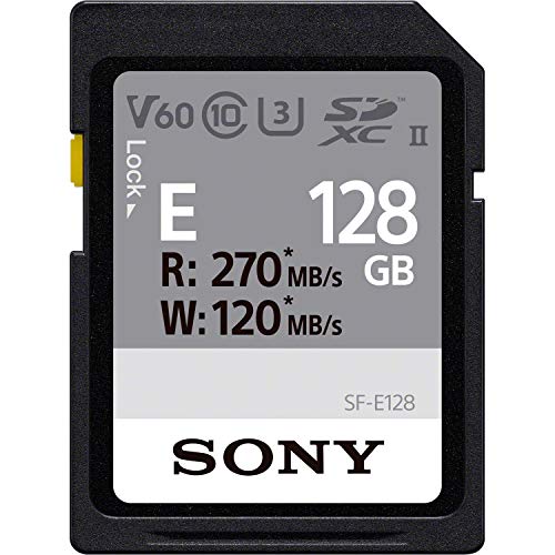 Sony E series SDXC UHS-II Card 128GB, V60, CL10, U3, Max R270MB/S, W120MB/S (SF-E128/T1), SFE128/T1,Black,Small