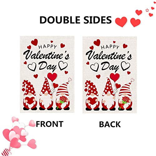 Happy Valentine's Day Garden Flags, 12.5 x 18 Inch Vertical Double Sized Gnomes Burlap Flag for House Yard Outdoor