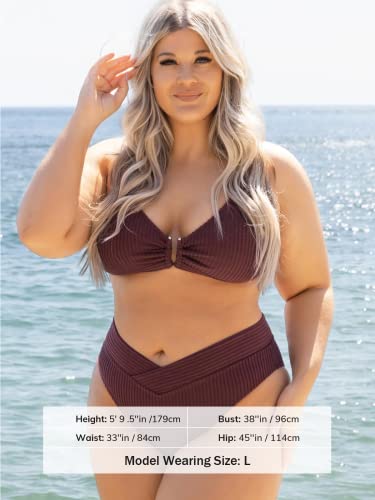 CUPSHE Bikini Set for Women Two Piece Swimsuits High Waisted Ribbed V-Wire Bralette Wide Straps Back Hook Cheeky Bottom Red Brown, S