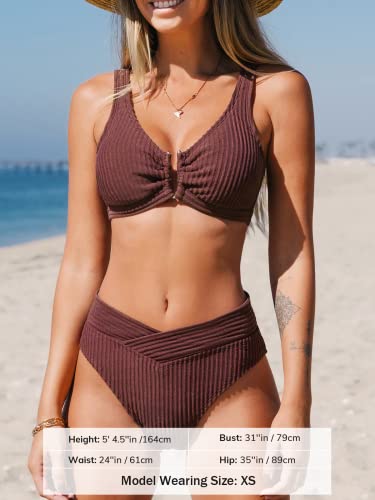 CUPSHE Bikini Set for Women Two Piece Swimsuits High Waisted Ribbed V-Wire Bralette Wide Straps Back Hook Cheeky Bottom Red Brown, S