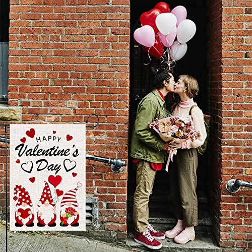 Happy Valentine's Day Garden Flags, 12.5 x 18 Inch Vertical Double Sized Gnomes Burlap Flag for House Yard Outdoor