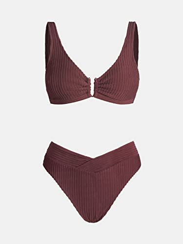CUPSHE Bikini Set for Women Two Piece Swimsuits High Waisted Ribbed V-Wire Bralette Wide Straps Back Hook Cheeky Bottom Red Brown, S