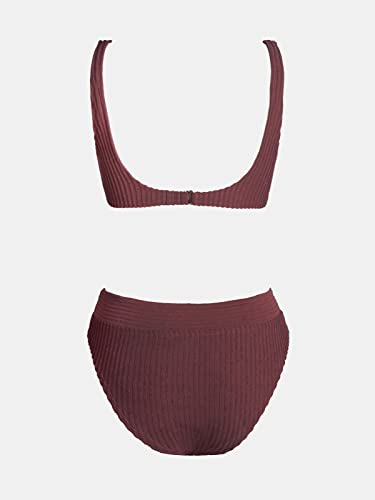 CUPSHE Bikini Set for Women Two Piece Swimsuits High Waisted Ribbed V-Wire Bralette Wide Straps Back Hook Cheeky Bottom Red Brown, S