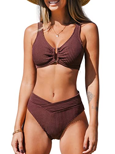 CUPSHE Bikini Set for Women Two Piece Swimsuits High Waisted Ribbed V-Wire Bralette Wide Straps Back Hook Cheeky Bottom Red Brown, S