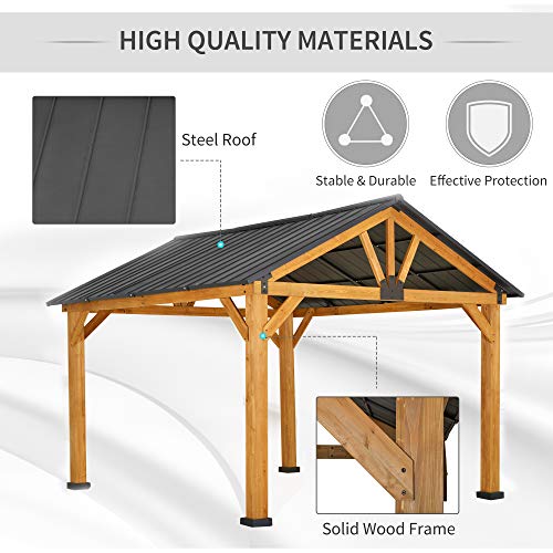 Outsunny 11' x 13' Hardtop Gazebo with Galvanized Steel Roof, Wooden Frame, Permanent Pavilion Outdoor Gazebo with Ceiling Hook for Garden, Patio, Backyard, Lawn