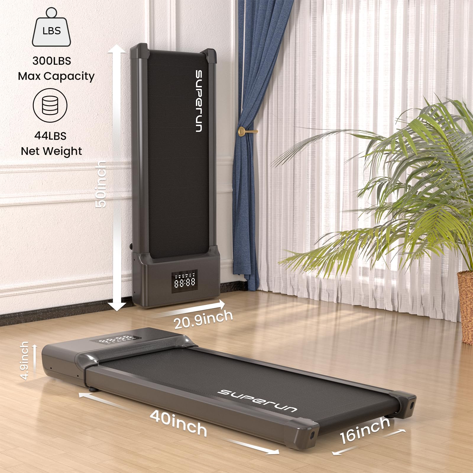 SupeRun Under Desk Treadmill, Walking Pad, Portable Treadmill with Remote & APP Control and LED Display, Quiet Walking Jogging Machine for Office Home Use (Black02)