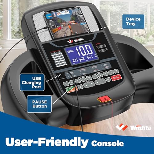Winfita 4.5HP Foldable Treadmill for Home with 15% Auto Incline, 300 LB Capacity, 10 MPH Speed, 50"x18" Belt, App & Bluetooth Speakers, Charging Port, Tablet Holder, Pause Function, 64 Preset Programs