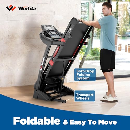 Winfita 4.5HP Foldable Treadmill for Home with 15% Auto Incline, 300 LB Capacity, 10 MPH Speed, 50"x18" Belt, App & Bluetooth Speakers, Charging Port, Tablet Holder, Pause Function, 64 Preset Programs
