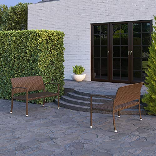 Patio Sense 63363 Miles Patio PU Wicker Steel FrameĀ All Weather Bench Attractive Woven Design Easy Assembly Lightweight Year Round Accent Patio Porch Lawn Garden Setting - Mocha