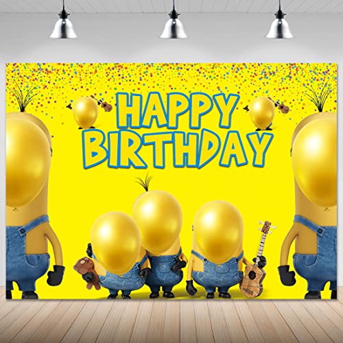 Yellow Happy Birthday Backdrop Cartoon Theme Background for Boys Girls Party Supplies Baby Shower Cake Table Decoration Banner Kids Photography Studio Props 7X5FT