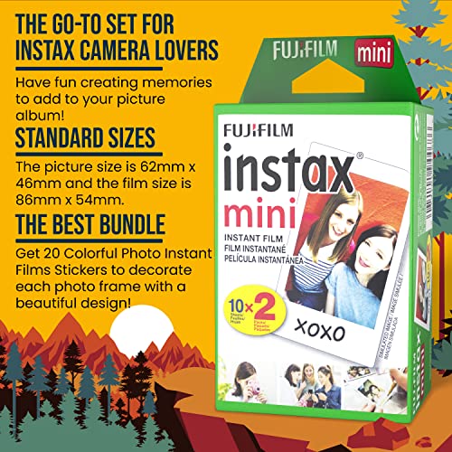 Fujifilm Instax Mini Film - Fuji Film Instant Film - Twin Pack (20 Sheets) - Bundled with Moshify 20 Colorful Sticker Frames