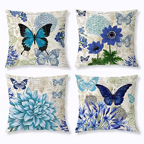 Outdoor Pillow Covers 18x18 Waterproof Set of 4 Butterfly Outdoor Pillows for Patio Furniture Blue Teal Floral Outdoor Pillows Decorative Garden Cushion Couch Throw Pillows Covers Home Decor 