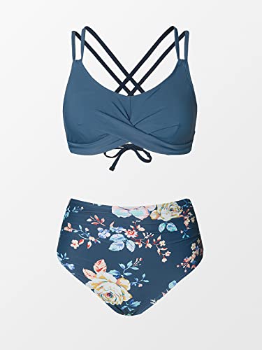 CUPSHE Women Bikini Set High Waisted Bikini Bottom Floral Tummy Control U Neck Double Straps Crisscross Back M
