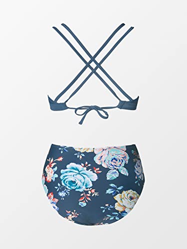 CUPSHE Women Bikini Set High Waisted Bikini Bottom Floral Tummy Control U Neck Double Straps Crisscross Back M