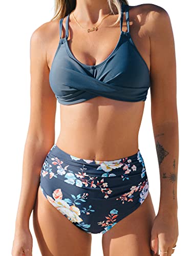 CUPSHE Women Bikini Set High Waisted Bikini Bottom Floral Tummy Control U Neck Double Straps Crisscross Back M