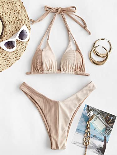 ZAFUL Two Piece Ribbed Colorblock Triangle Bikini Set for Women Adjustable Dual Strap High Cut Bathing Suit Size 4