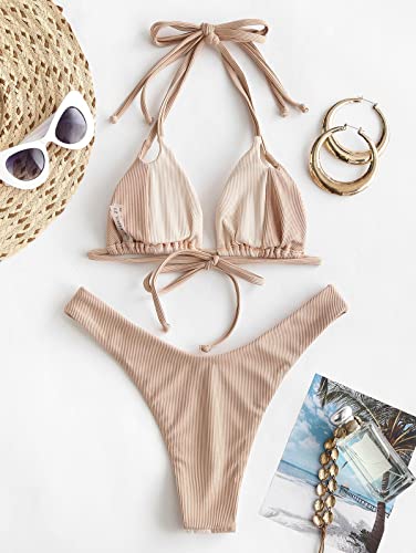 ZAFUL Two Piece Ribbed Colorblock Triangle Bikini Set for Women Adjustable Dual Strap High Cut Bathing Suit Size 4