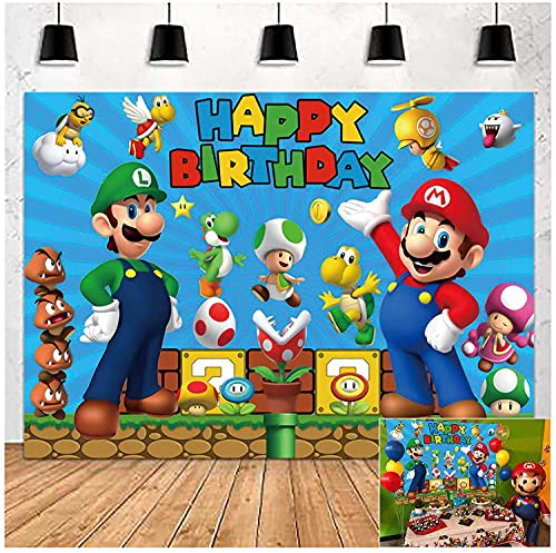 Super Mario Gold Coin Video Game Happy Birthday Theme Photography Backdrops 5x3ft Children Boys Birthday Party Decor Supplies Cake Table Decor Kids Shoot Photo Backgrounds Props Vinyl