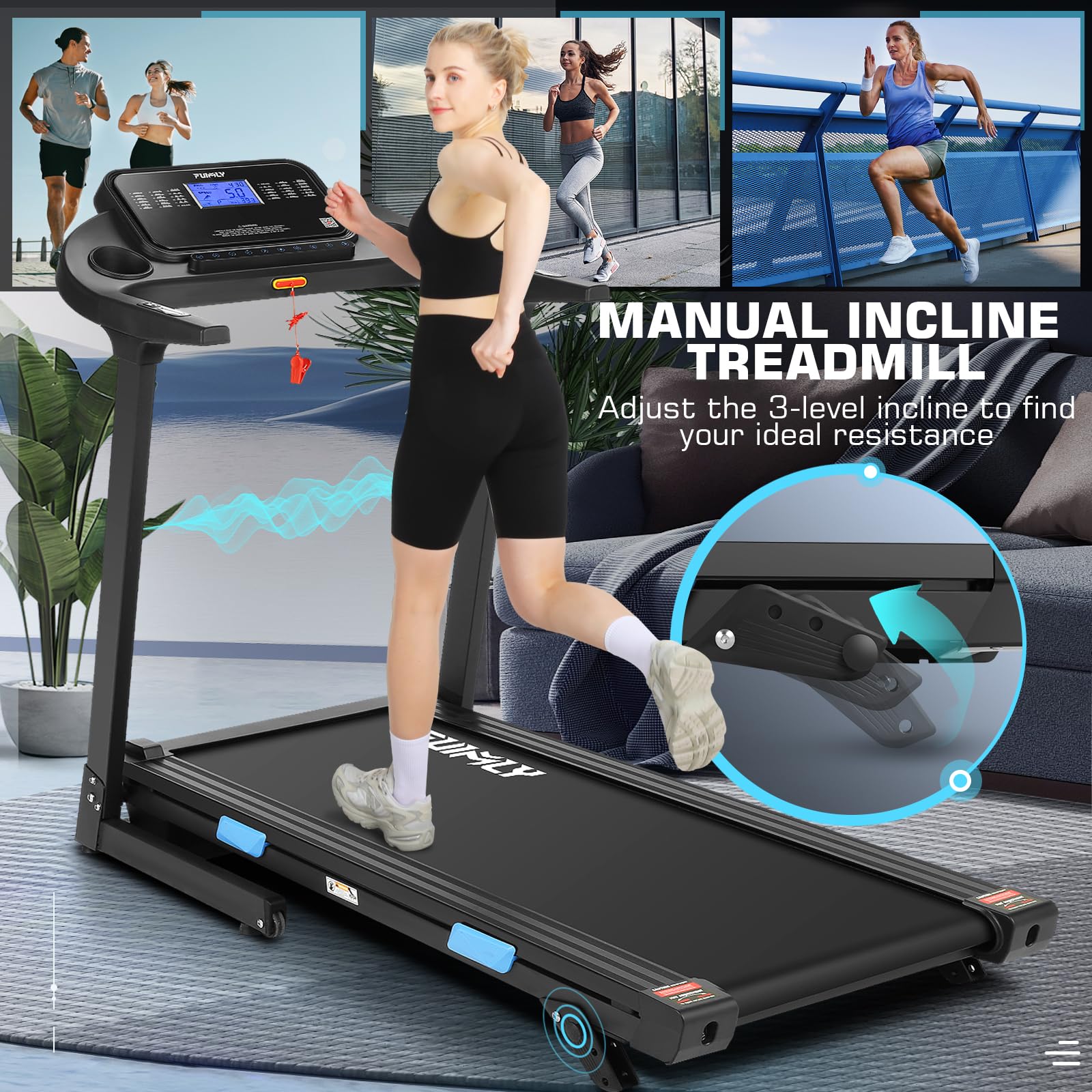 FUNMILY Treadmill 300 lb Capacity with Incline, Ultra-Wide Running Area, Max 3.25HP Large Folding Treadmill for Home Black