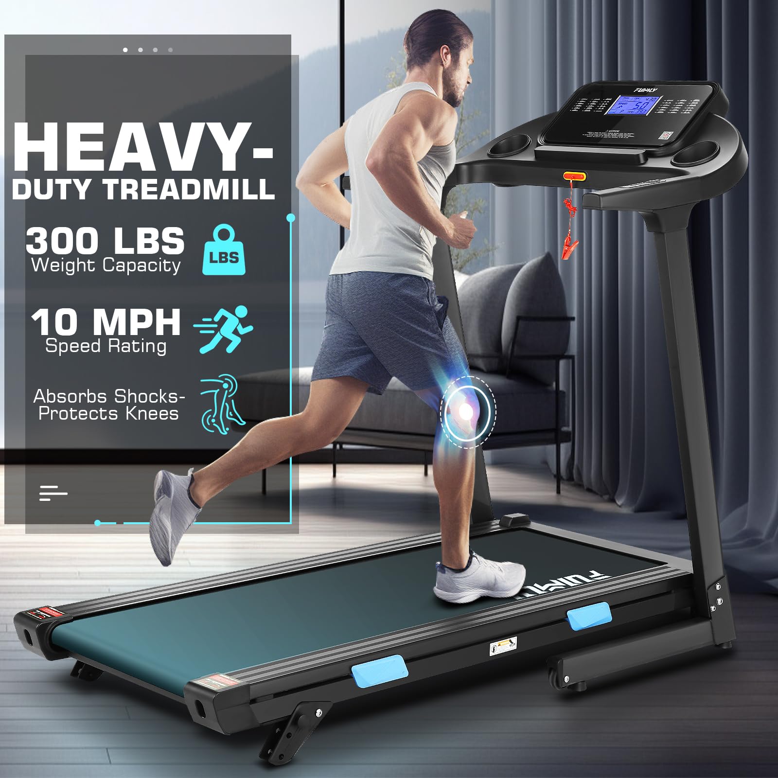 FUNMILY Treadmill 300 lb Capacity with Incline, Ultra-Wide Running Area, Max 3.25HP Large Folding Treadmill for Home Black