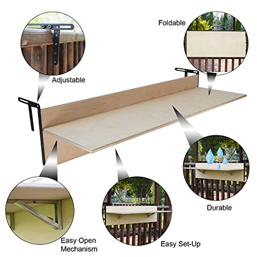 GENESIS WOODESIGN Balcony Bar Table for Railings, Balcony Folding Deck Table, Wooden Adjustable Hanging Deck Table for Patio, Apartment, Garden (Natural, 59" L x 11.8" W)