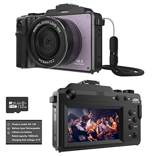 OIEXI 48MP Camera for Photography,4K Digital Camera for Kids and Adults with Front and Rear Dual Cameras,18X Digital Zoom,Built-in 7 Color Filters,32GB TF Card,Rechargeable Battery(Lilac Violet)