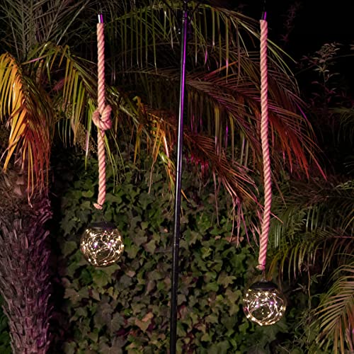 Exhart 2 Solar Hanging Ball Lights, 20 LEDs, Glass w/Rope, Durable Garden Décor Lights, 2pc, 6"x38"