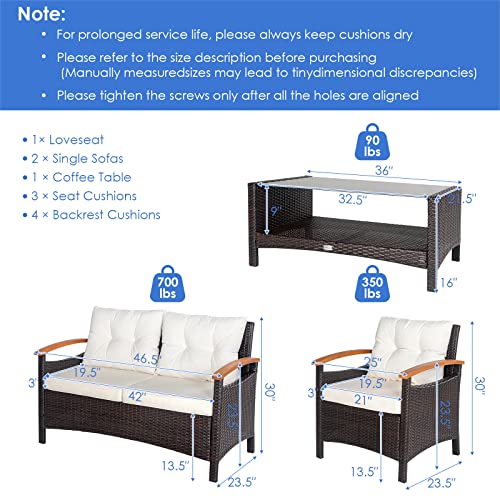HAPPYGRILL 4 Piece Patio Conversation Set Rattan Sectional Sofa Set with Soft Cushions and Coffee Table, Outdoor Wicker Furniture Set with Acacia Wood Armrests, Perfect for Poolside, Garden, Backyard