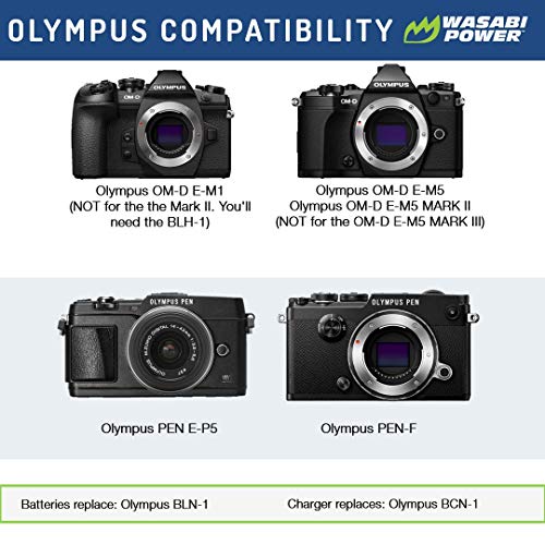 Wasabi Power Battery (2-Pack) and Charger for Olympus BLN-1, BCN-1 and Olympus OM-D E-M1, OM-D E-M5, PEN E-P5