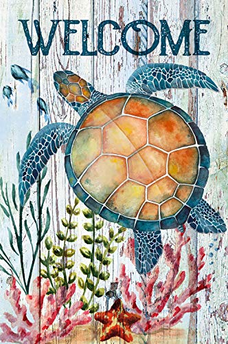 Texupday Welcome Turtle Tropical Ocean Garden Flag Rustic Coastal Summer Beach Yard Flag 12" x 18"