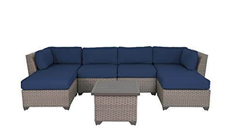 TK Classics Florence 7 Piece Outdoor Wicker Patio Furniture Set, Navy