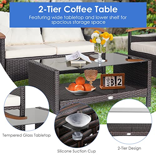 HAPPYGRILL 4 Piece Patio Conversation Set Rattan Sectional Sofa Set with Soft Cushions and Coffee Table, Outdoor Wicker Furniture Set with Acacia Wood Armrests, Perfect for Poolside, Garden, Backyard