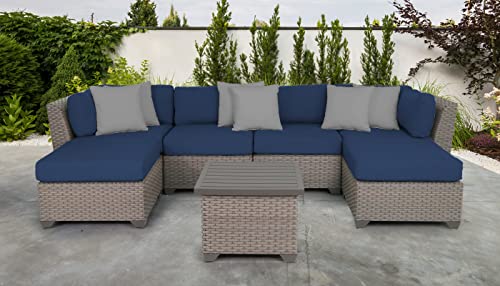 TK Classics Florence 7 Piece Outdoor Wicker Patio Furniture Set, Navy