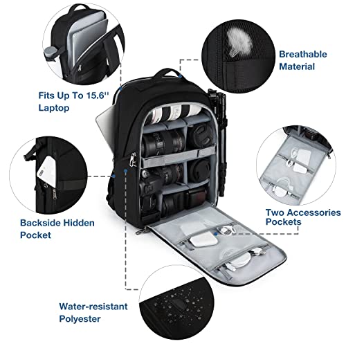 Camera Backpack,BAGSMART DSLR SLR Camera Bag Backpack Fits 15.6 Inch Laptop,Anti-Theft Waterproof Camera Case for Photographers,Men Women,with Rain Cover,Tripod Holder,Black