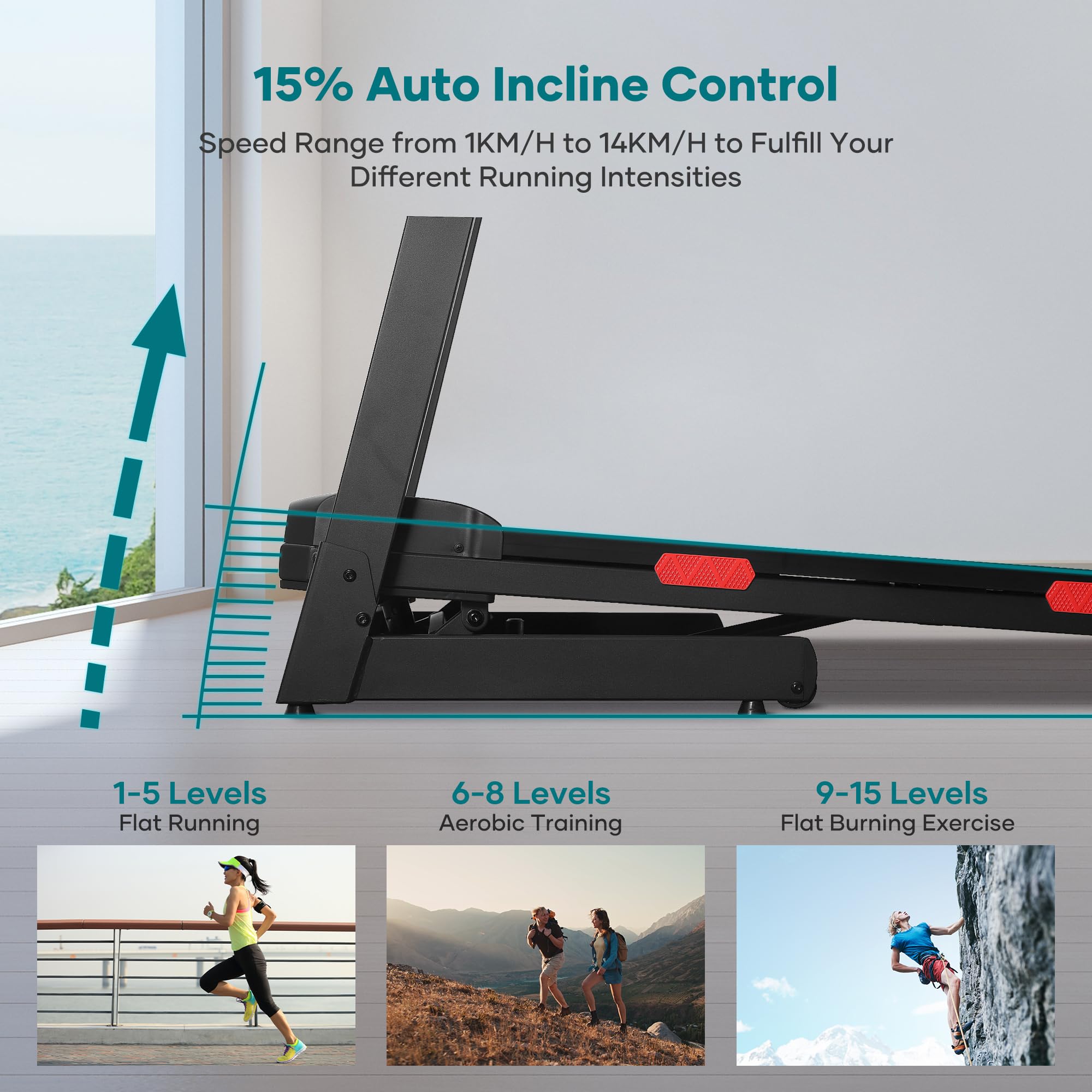 Treadmill with 15% Auto Incline 17.5'' Foldable Treadmill with Bluetooth Speaker Control Treadmill with Incline 5 Pre-Set Training Programs LCD Monitor 8.5 MPH Treadmills for Home Office Gym Use