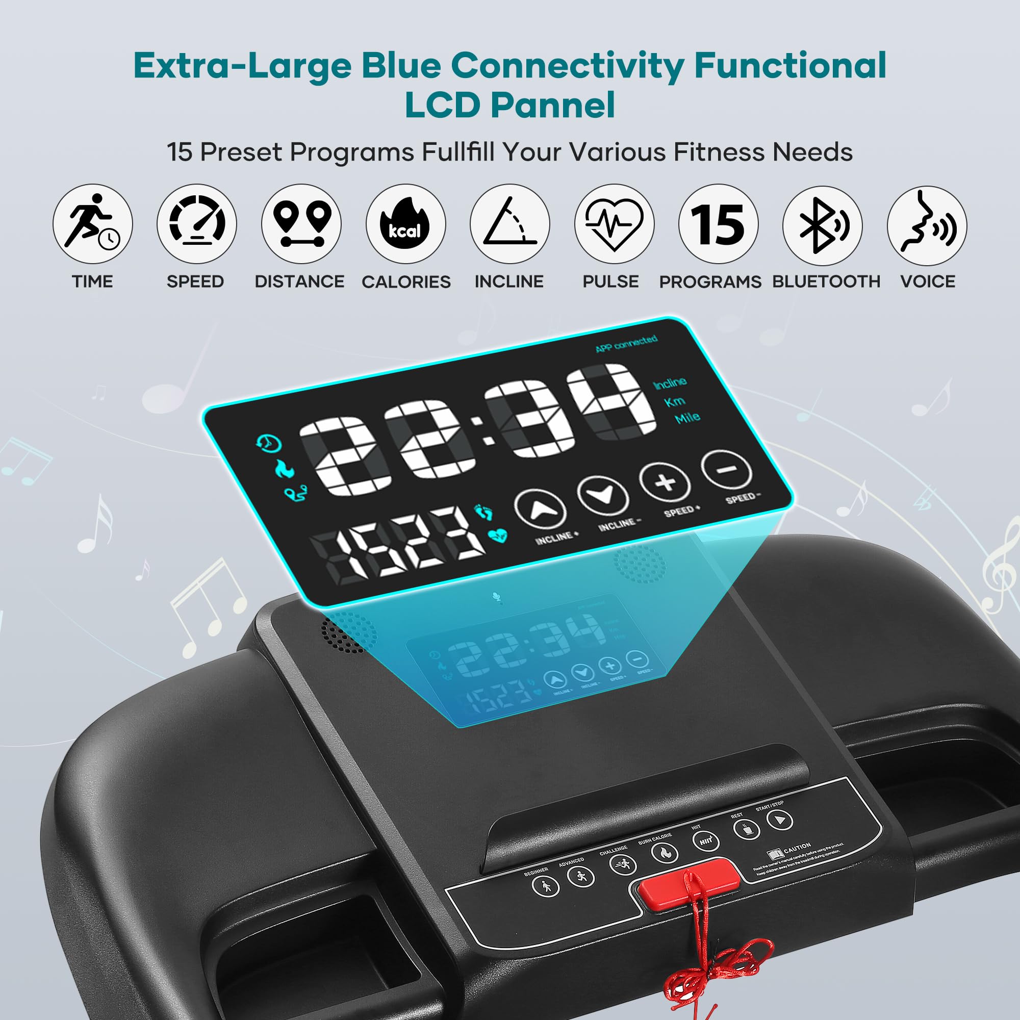 Treadmill with 15% Auto Incline 17.5'' Foldable Treadmill with Bluetooth Speaker Control Treadmill with Incline 5 Pre-Set Training Programs LCD Monitor 8.5 MPH Treadmills for Home Office Gym Use