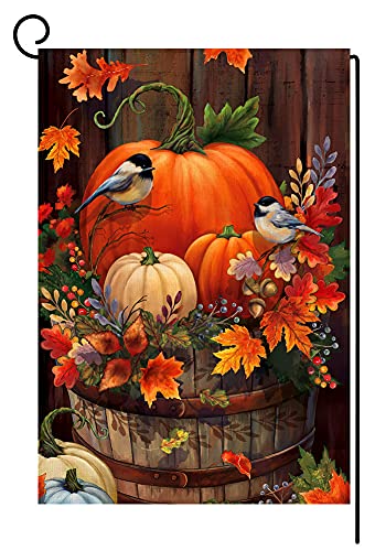 BLKWHT Fall Thanksgiving Pumpkin Small Garden Flag 12x18 Inch Vertical Double Sided Autumn Watercolor Bird Burlap Yard Outdoor Decor BW044