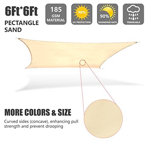 Sun Shade Sail with Waterproof PU Coating 95% UV Blockage Water & Air Permeable 6x6 Ft Outdoor Rectangle Canopy with Side Keyhole Design Suitable for Patio Backyard Lawn Garden Outdoor Activities