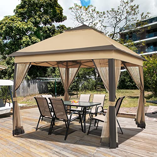 Yaheetech 11'x11' Pop Up Gazebo Outdoor Canopy Shelter Instant Pop Up Patio Gazebo Sun Shade Gazebo Canopy Tent with Double Tiers and Mesh Netting, for Lawn, Garden, Backyard and Deck (Khaki&Brown)