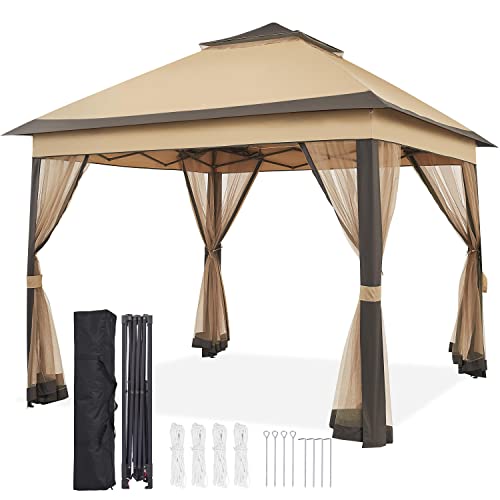 Yaheetech 11'x11' Pop Up Gazebo Outdoor Canopy Shelter Instant Pop Up Patio Gazebo Sun Shade Gazebo Canopy Tent with Double Tiers and Mesh Netting, for Lawn, Garden, Backyard and Deck (Khaki&Brown)