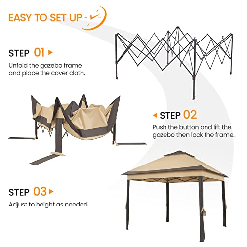 Yaheetech 11'x11' Pop Up Gazebo Outdoor Canopy Shelter Instant Pop Up Patio Gazebo Sun Shade Gazebo Canopy Tent with Double Tiers and Mesh Netting, for Lawn, Garden, Backyard and Deck (Khaki&Brown)