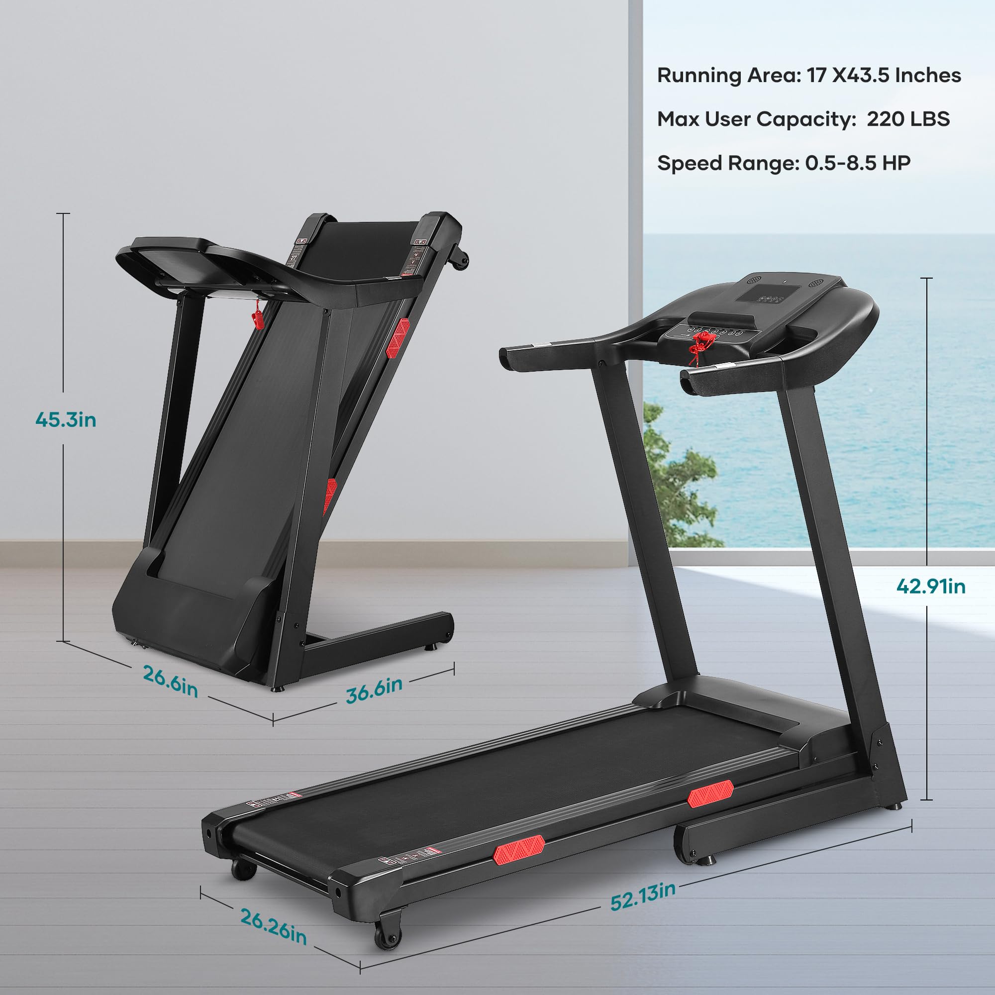 Treadmill with 15% Auto Incline 17.5'' Foldable Treadmill with Bluetooth Speaker Control Treadmill with Incline 5 Pre-Set Training Programs LCD Monitor 8.5 MPH Treadmills for Home Office Gym Use